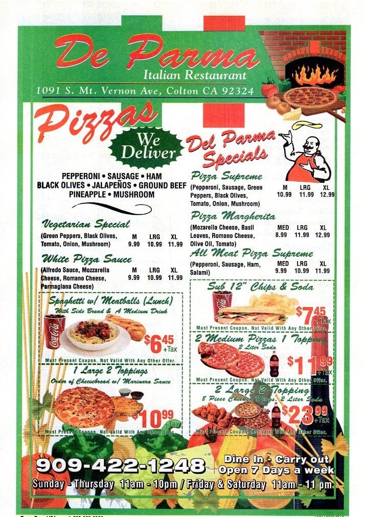 De Parma Pizza Menu, Menu for De Parma Pizza, Colton, Inland Empire ...