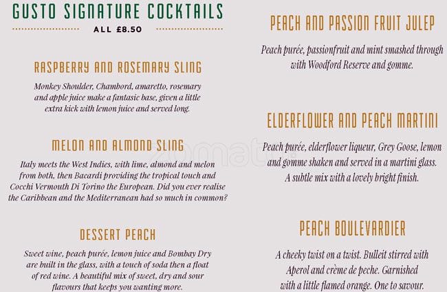 Menu at Gusto Italian restaurant, Manchester, 4 Lloyd St