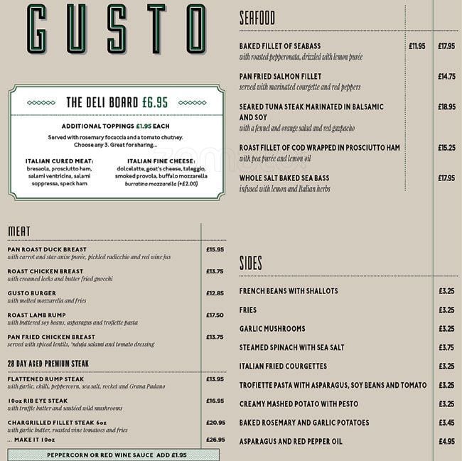 Menu at Gusto Italian restaurant, Manchester, 4 Lloyd St