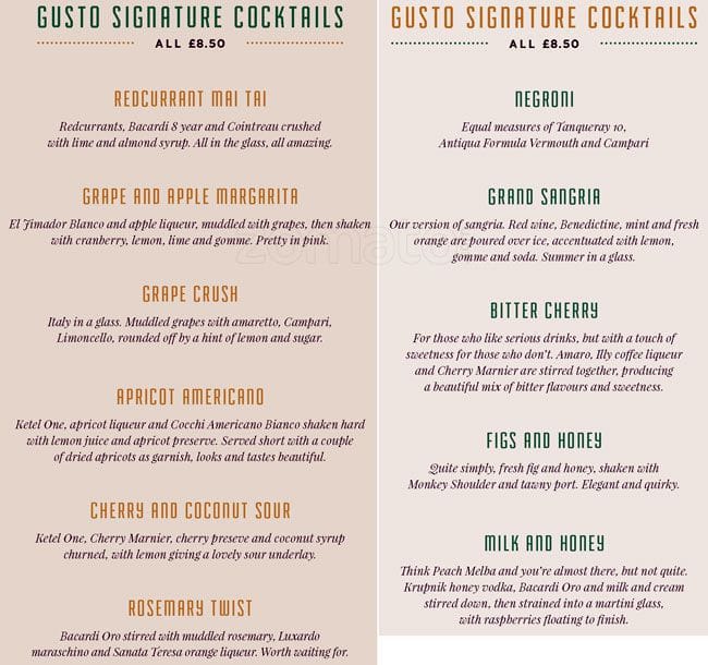 Menu at Gusto Italian restaurant, Manchester, 4 Lloyd St