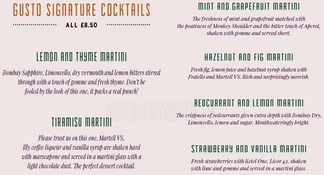 Menu at Gusto Italian restaurant, Manchester, 4 Lloyd St