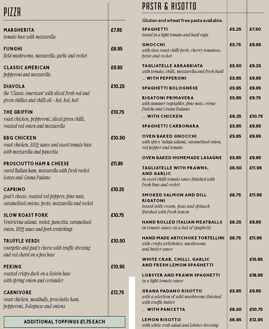 Menu at Gusto Italian restaurant, Manchester, 4 Lloyd St