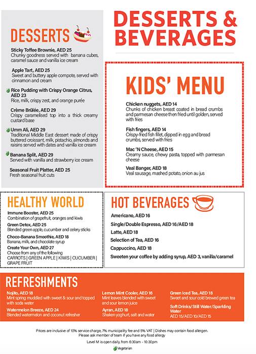 Menu at Level M Restaurant, Dubai, Mezzanine Floor