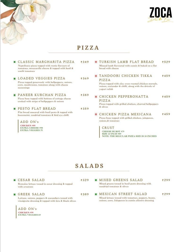 Menu of Zoca Dine & Bar, Ahirtoli, Ranchi