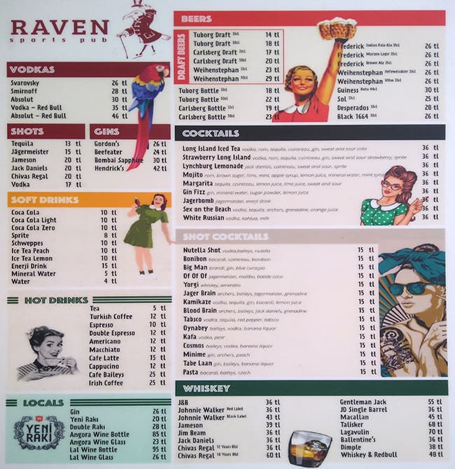 Menu at Raven Pub, Istanbul