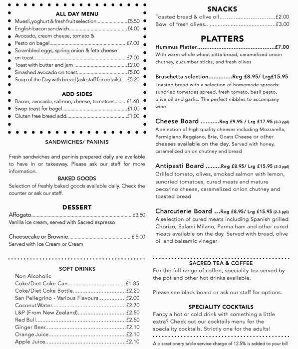 Menu at Sacred Cafe., London, At HAXELLS The Strand Palace Hotel