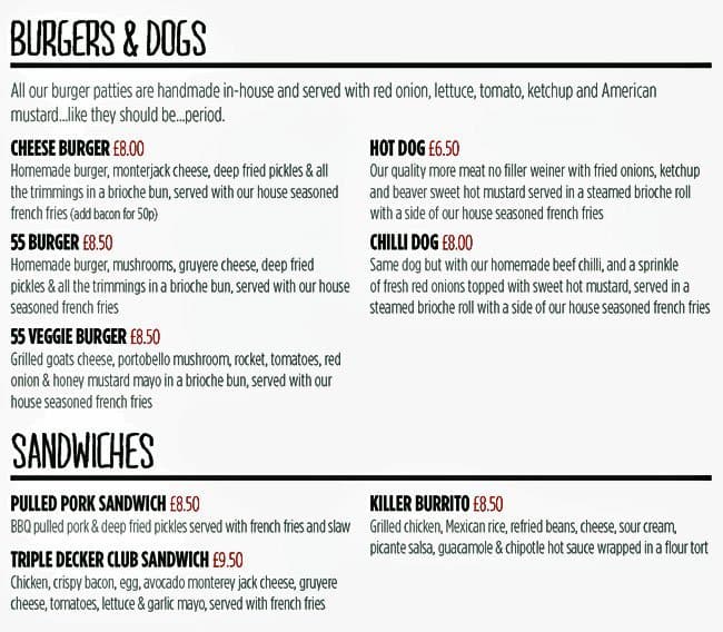 Menu at Fifty Five Bar, London, 31 Jamestown Rd