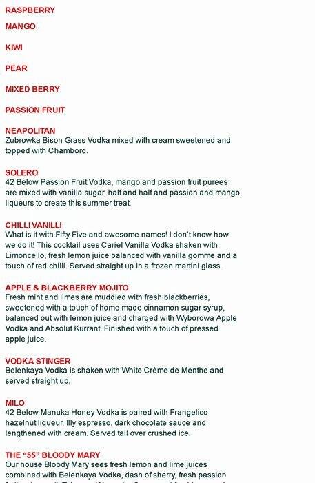 Menu at Fifty Five Bar, London, 31 Jamestown Rd