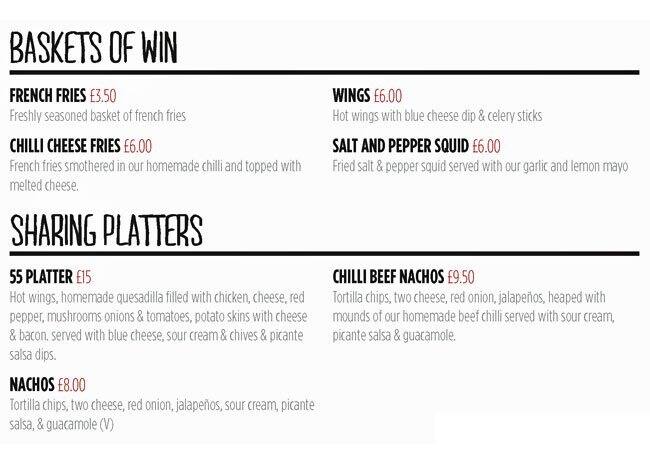 Menu at Fifty Five Bar, London, 31 Jamestown Rd