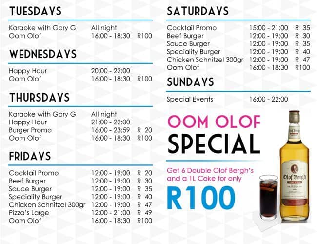 Menu at Bok Lounge & Grill pub & bar, Cape Town