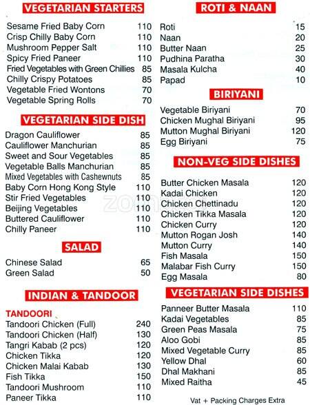 Menu at Golden Dragon, Chennai, MGR Road