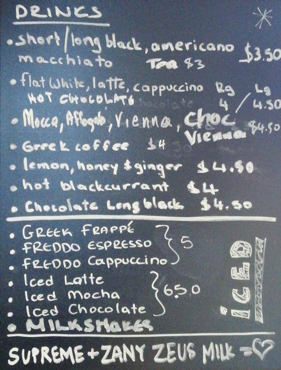 Menu at Flows cafe, Wellington