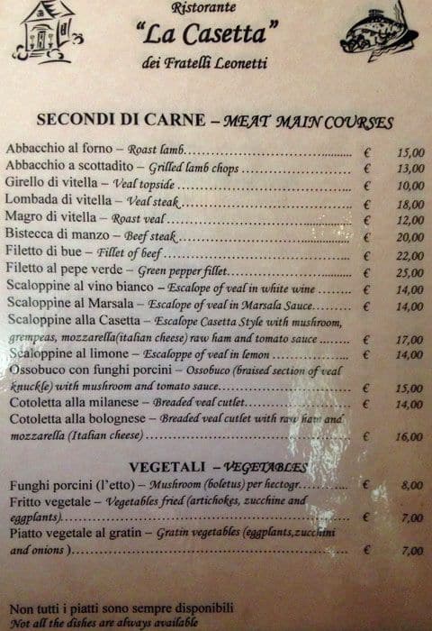 Menu da Ristorante La Casetta, Roma, Via Famiano Nardini