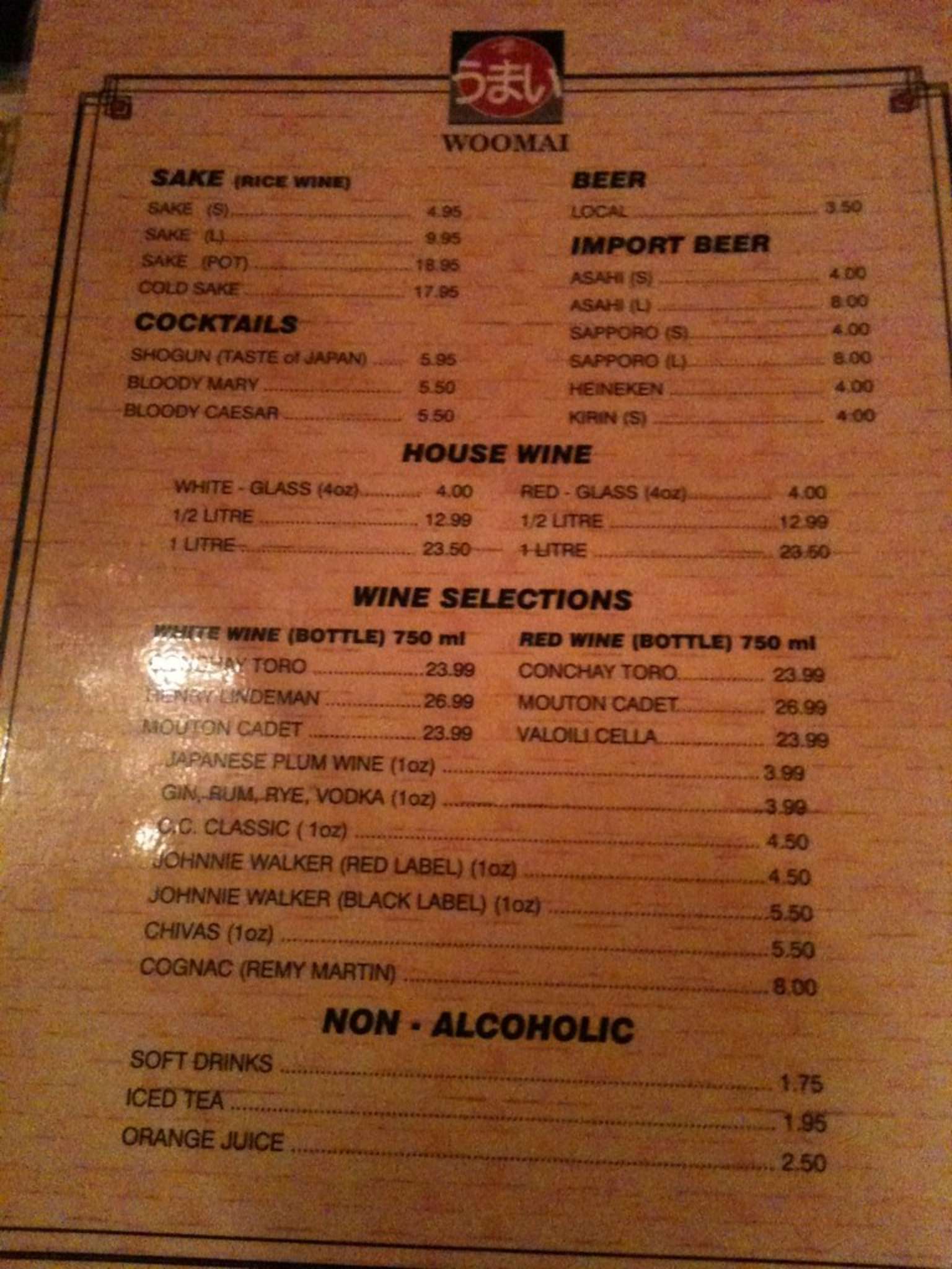 Menu at Woo Mai Sushi Japanese Restaurant Ltd, Chilliwack