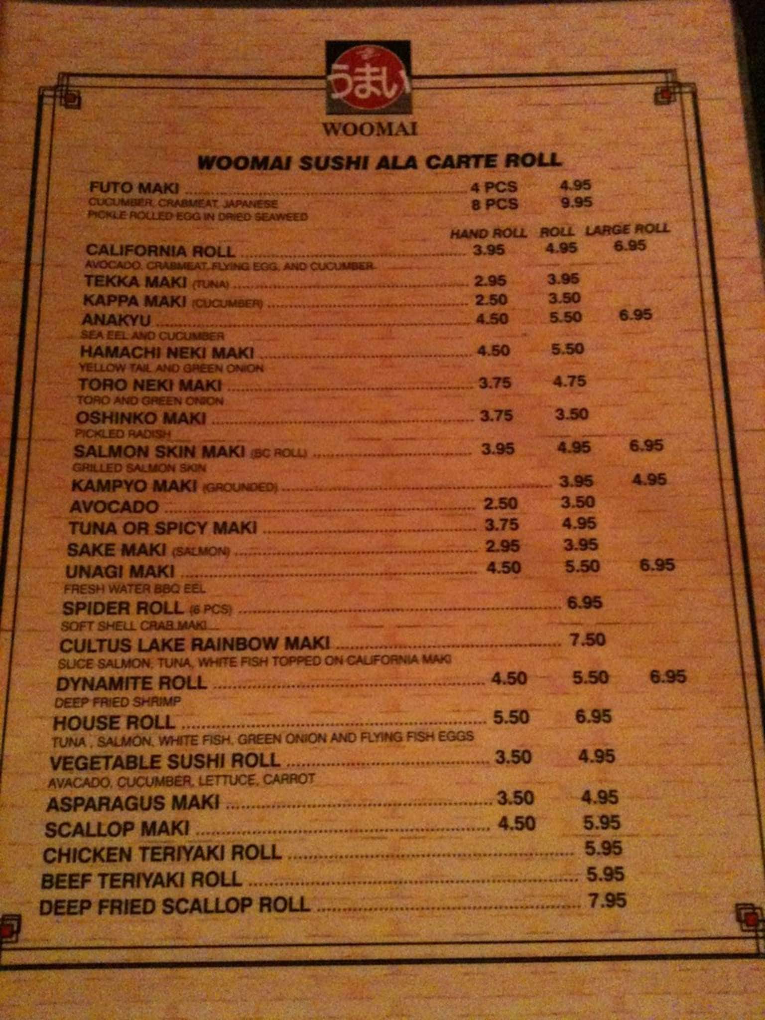 Menu at Woo Mai Sushi Japanese Restaurant Ltd, Chilliwack