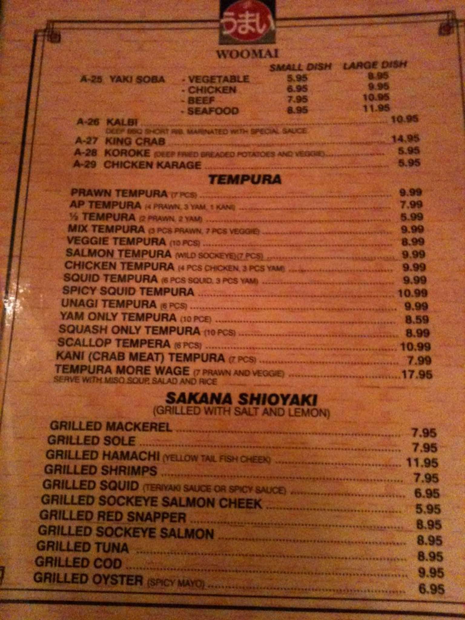 Menu at Woo Mai Sushi Japanese Restaurant Ltd, Chilliwack