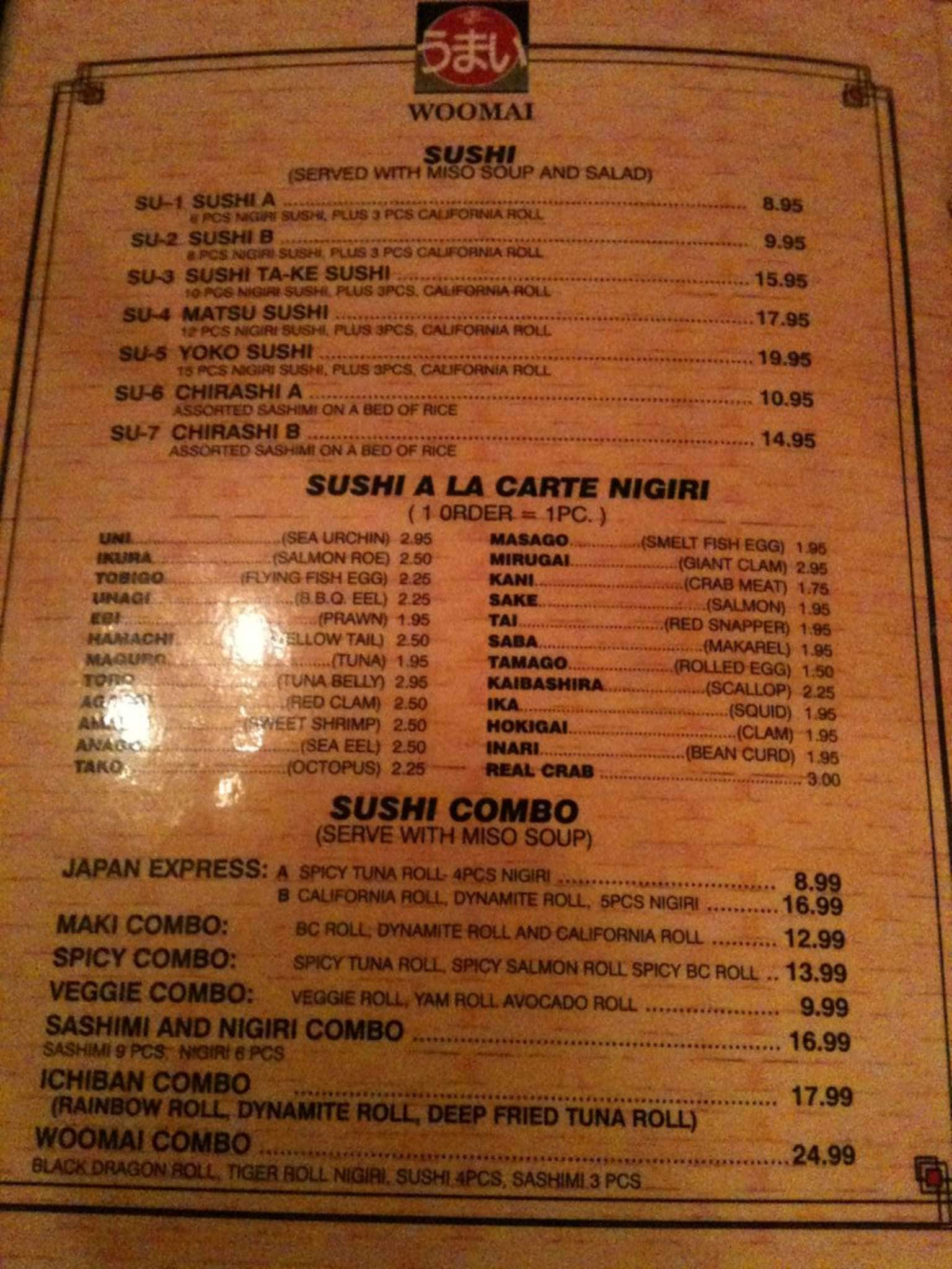 Menu at Woo Mai Sushi Japanese Restaurant Ltd, Chilliwack