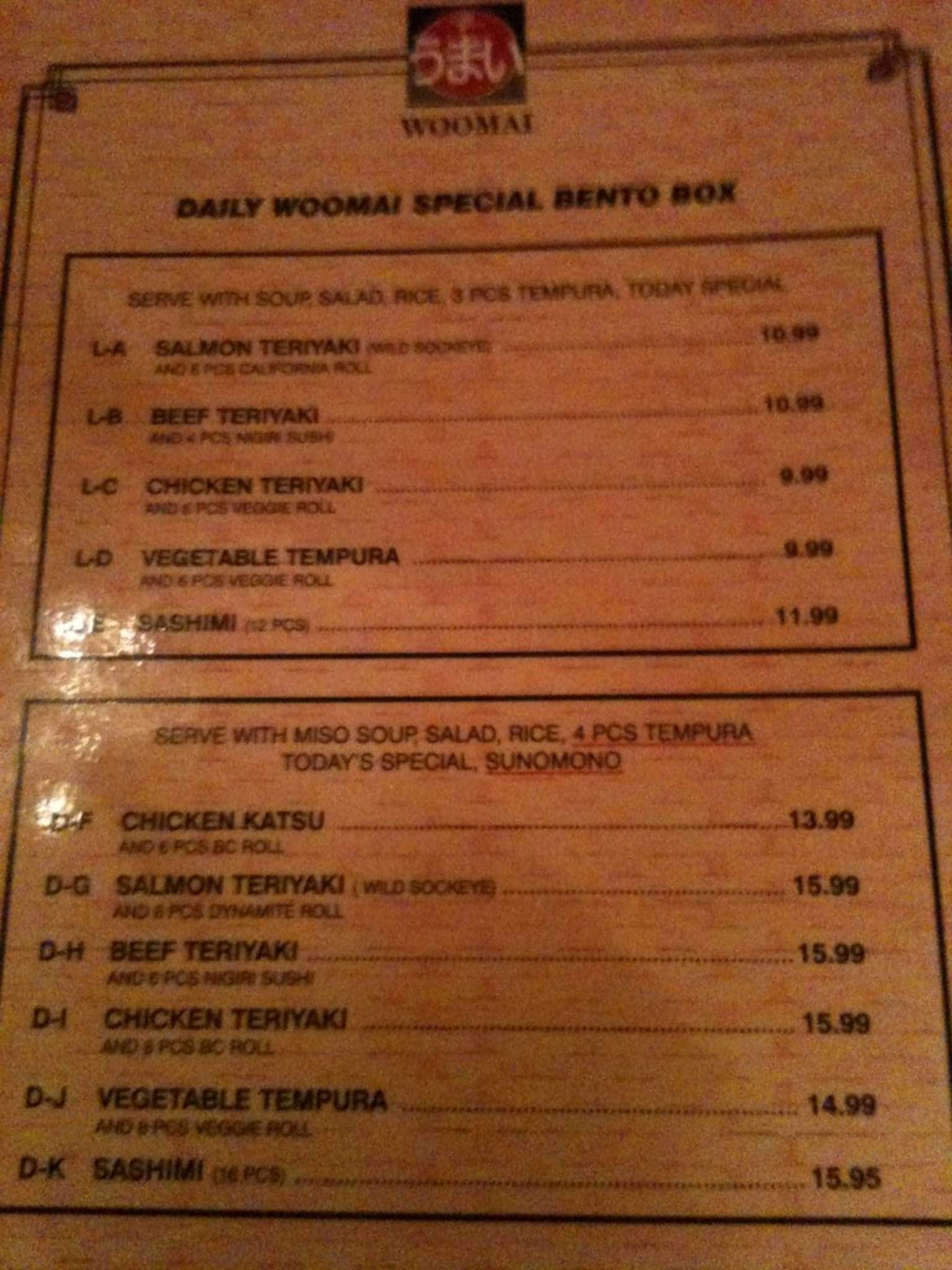 Menu at Woo Mai Sushi Japanese Restaurant Ltd, Chilliwack