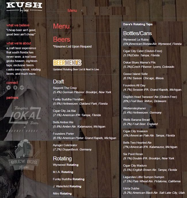 Menu at KUSH pub & bar, Miami