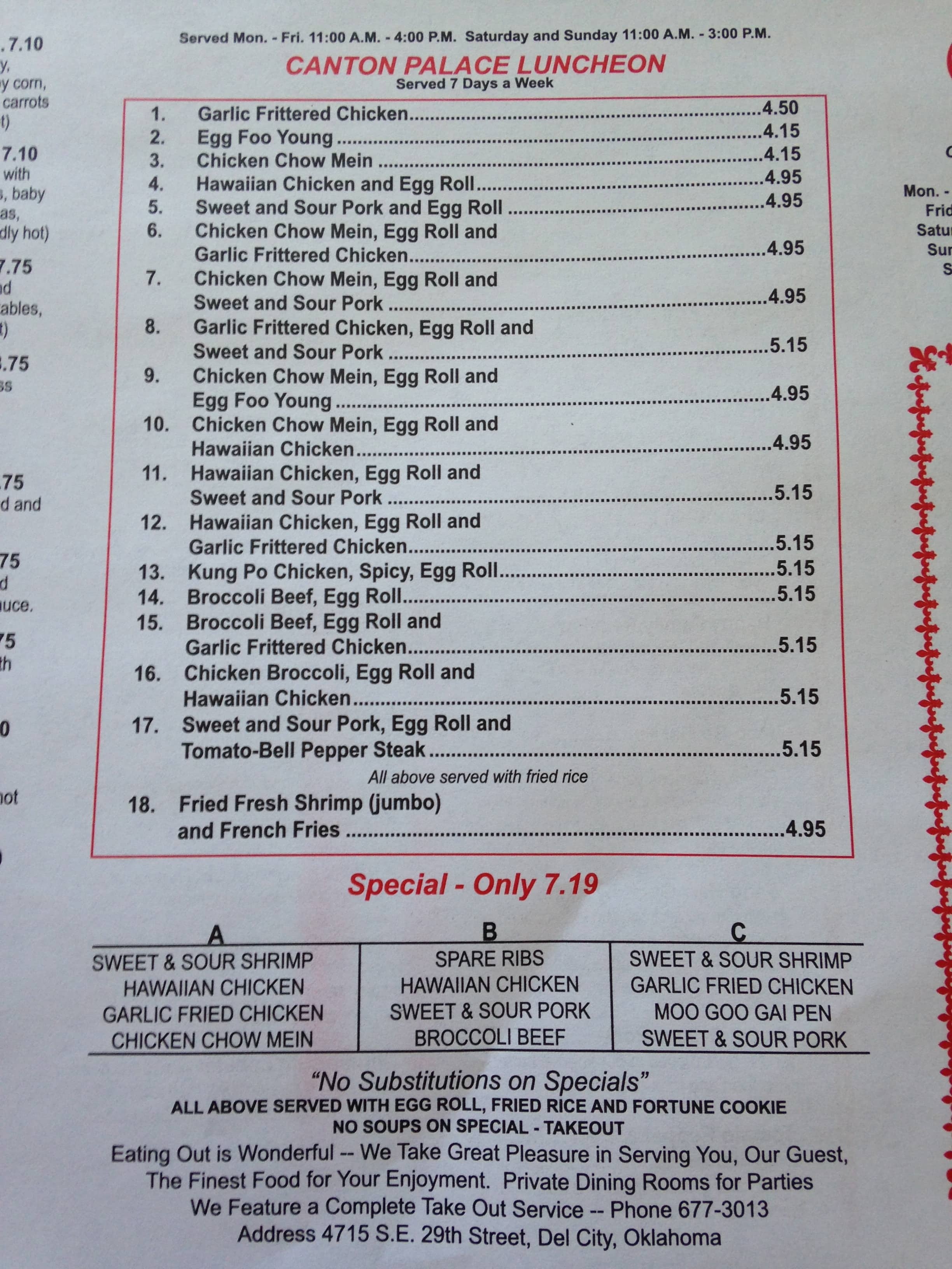 Menu at Canton Palace restaurant, Oklahoma City