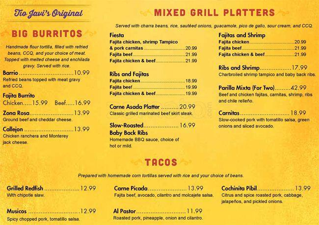 Menu at Tio Javi's Fresh Mex Bar & Grill, Baton Rouge