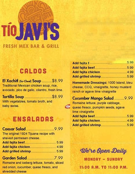 Menu at Tio Javi's Fresh Mex Bar & Grill, Baton Rouge