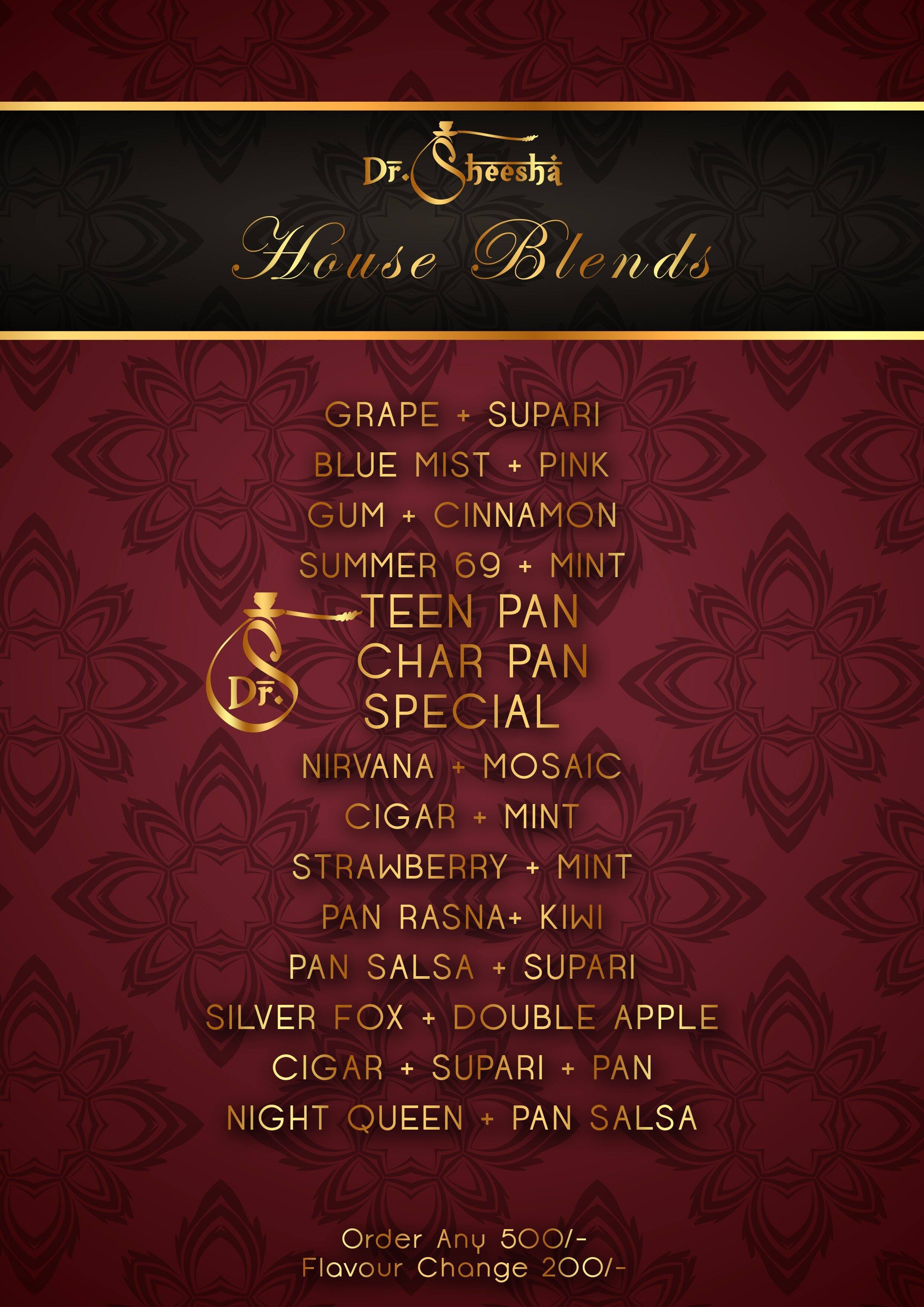 Menu at Dr. Sheesha, Bengaluru, #17 India 560078 24'th Main Road Deepa ...