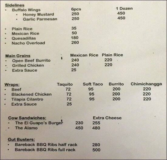 Carta del restaurante El Guapo’s Tex Mex Eats, Manila