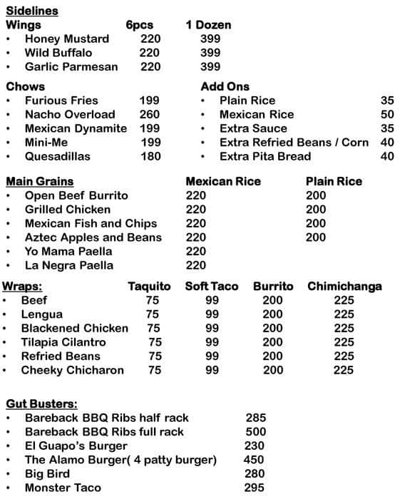 Menu at El Guapo's Tex Mex Eats pub & bar, Pasig