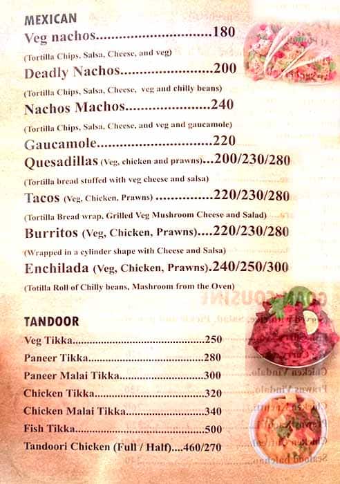 Menu at Tantra Cafe, Canacona