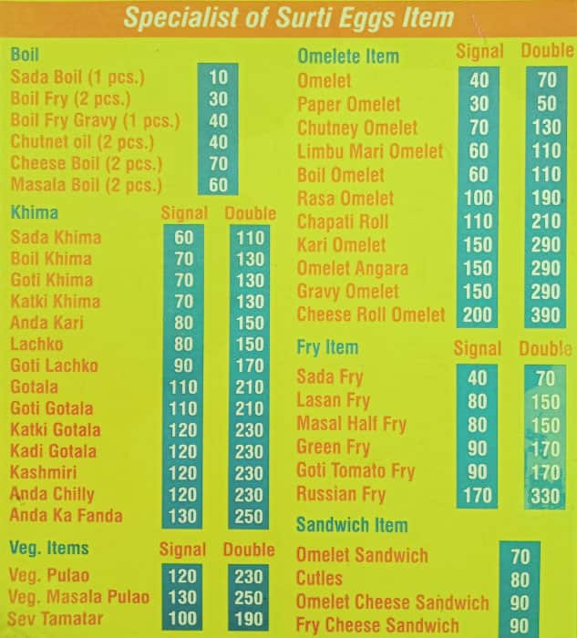 Menu of Surti Egg Point, Sola, Ahmedabad