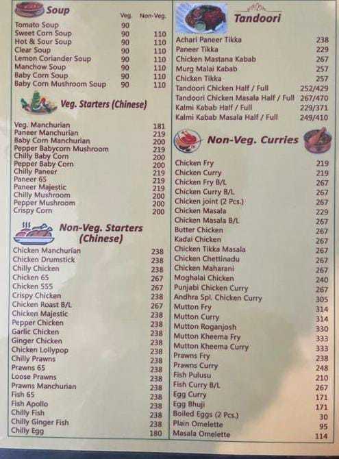 Menu of Reddy's kitchen, Vepagunta, Vizag