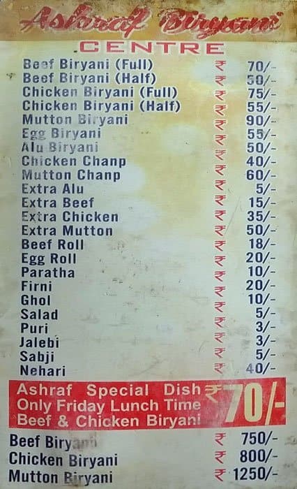 Menu of Ashraf Biryani Centre, Topsia, Kolkata