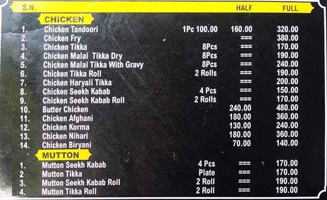 Menu of Ghalib Kabab Corner, Nizamuddin, New Delhi