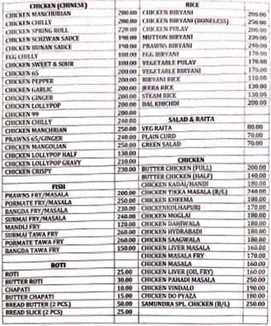 Menu of Samudra Restaurant & Bar, Mumbai Central, Mumbai