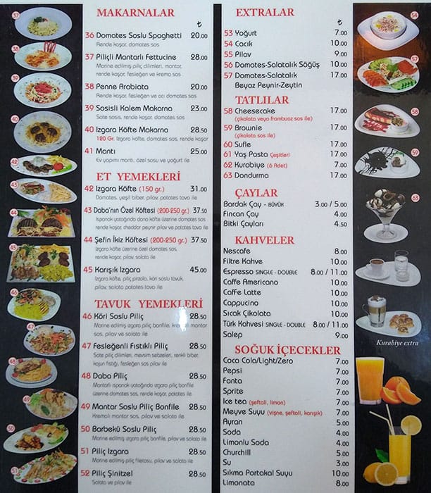 Menu at DABA, Istanbul