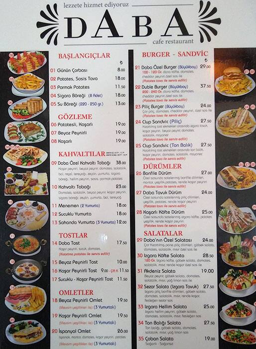 Menu at DABA, Istanbul