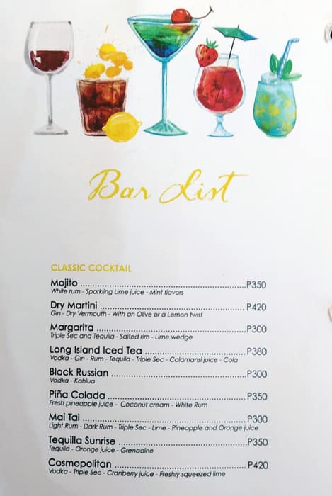 Menu at Canary restaurant, Taguig
