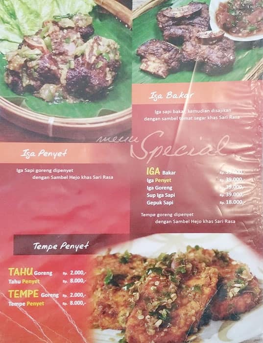 Menu at Sari Rasa restaurant, Bekasi Regency, Jl. Raya Pekayon