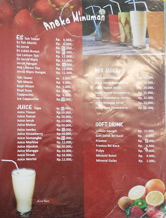 Menu at Sari Rasa restaurant, Bekasi Regency, Jl. Raya Pekayon