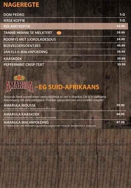 Menu at Bosvelder Pub & Restaurant, Centurion