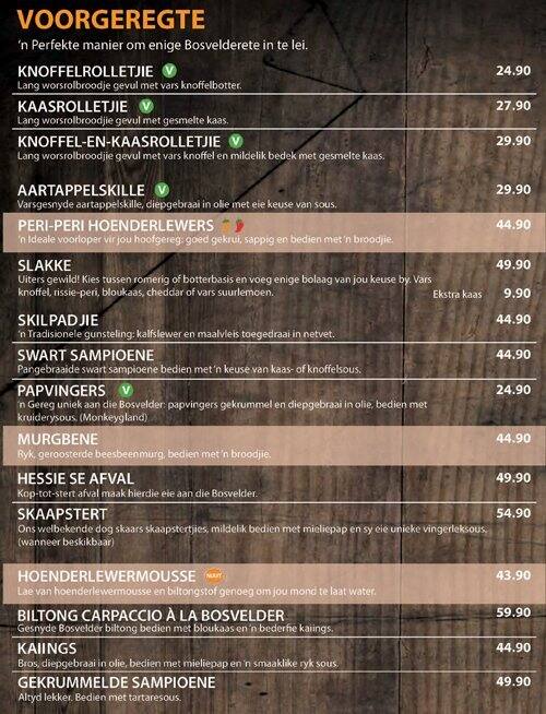 Menu at Bosvelder Pub & Restaurant, Centurion