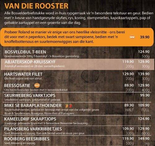 Menu at Bosvelder Pub & Restaurant, Centurion