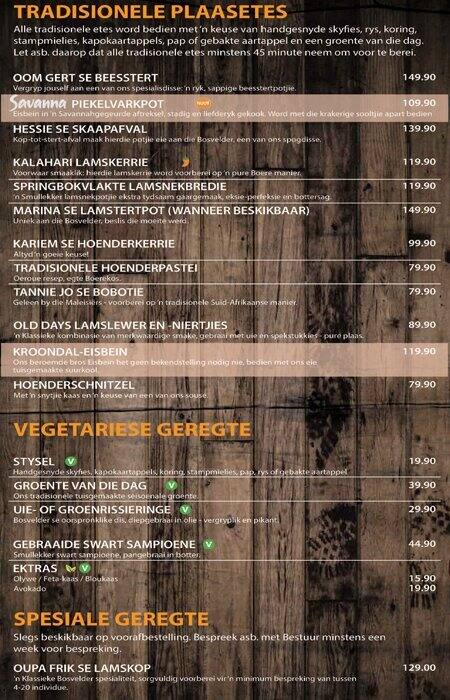 Menu at Bosvelder Pub & Restaurant, Centurion
