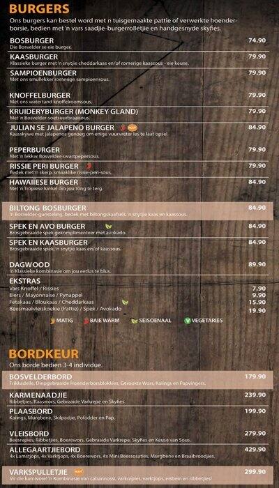 Menu at Bosvelder Pub & Restaurant, Centurion