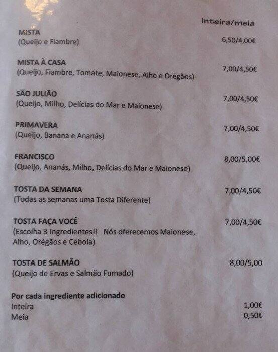 Menu at Casa de Tostas Absurdo restaurant, São João das Lampas, Rua de ...