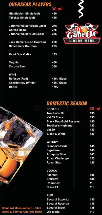Menu at Game On Sports Bar And Bowling, Secunderabad, Floor 2
