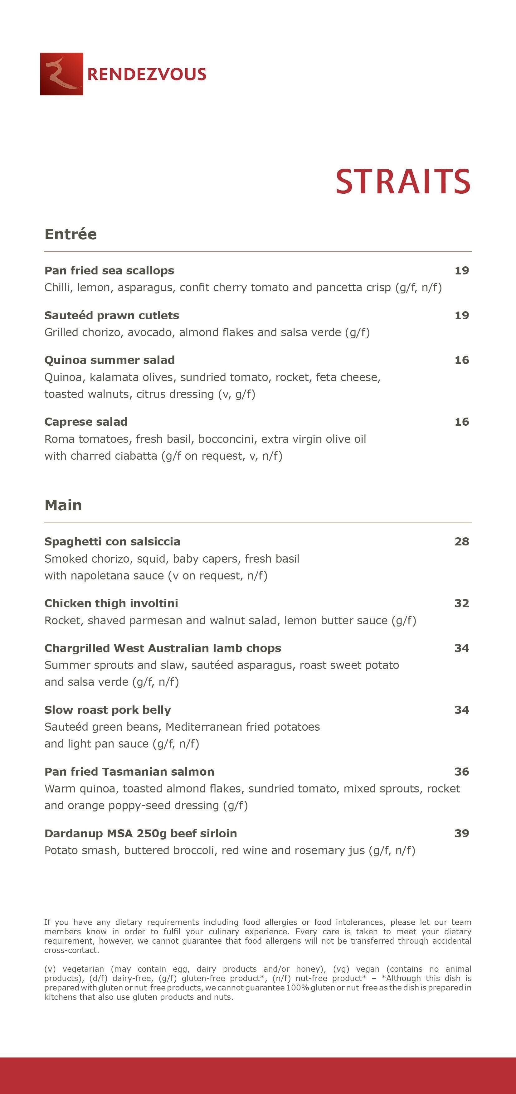 Menu at Straits Cafe, Perth