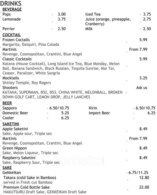 Menu at Katana restaurant, Langley Township