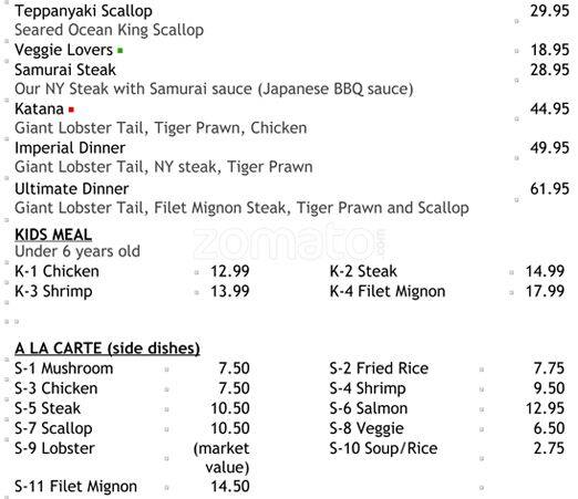 Menu at Katana restaurant, Langley Township